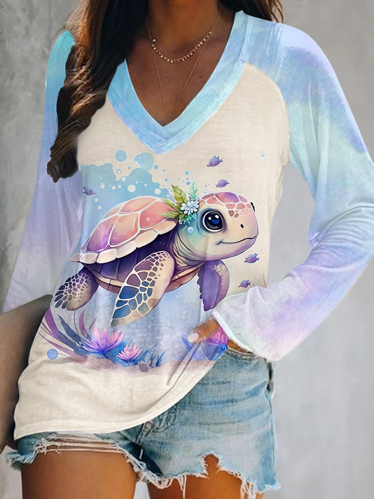 Dreamy Purple Turtle Print V-Neck Long Sleeve Top – Wonder closets