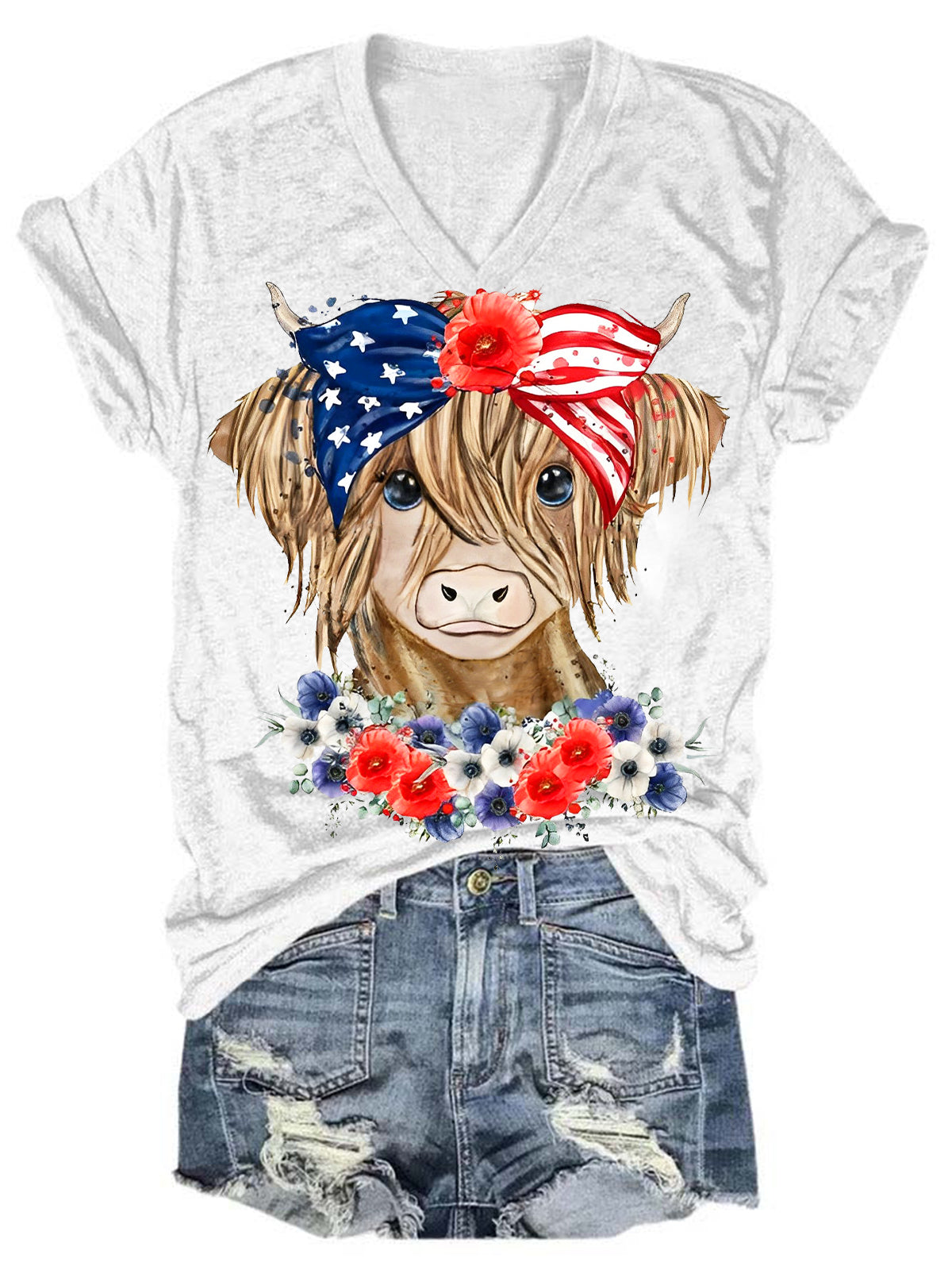 Flag American Cow Print V-Neck T-Shirt – Wonder closets