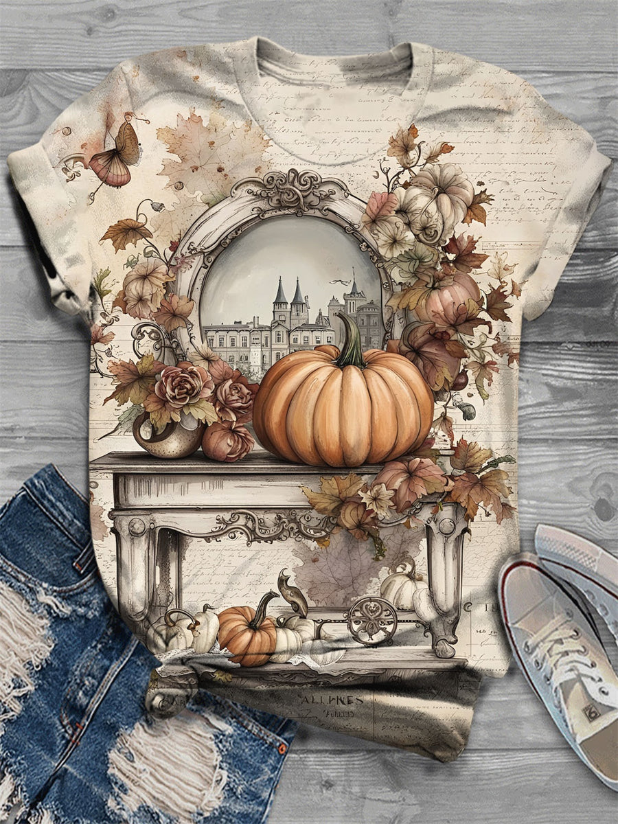 Retro Pumpkin Print Crew Neck T-Shirt – Wonder closets