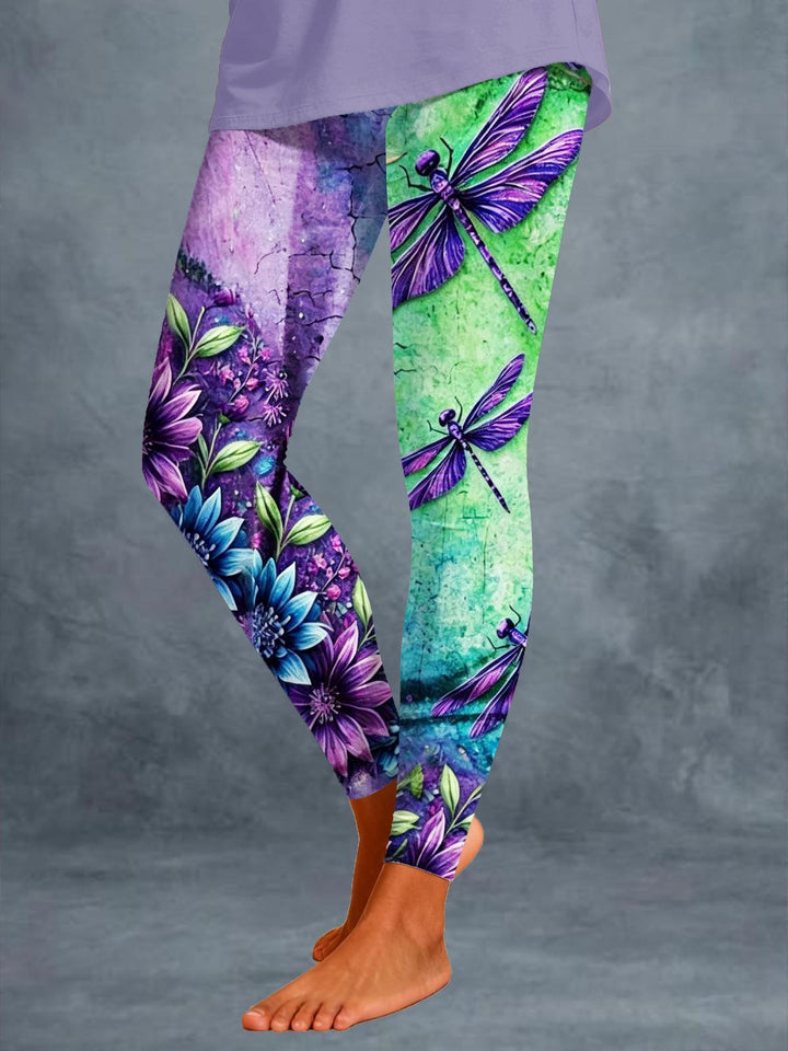 Purple Green Dragonfly Flower Print Tights – Wonder closets