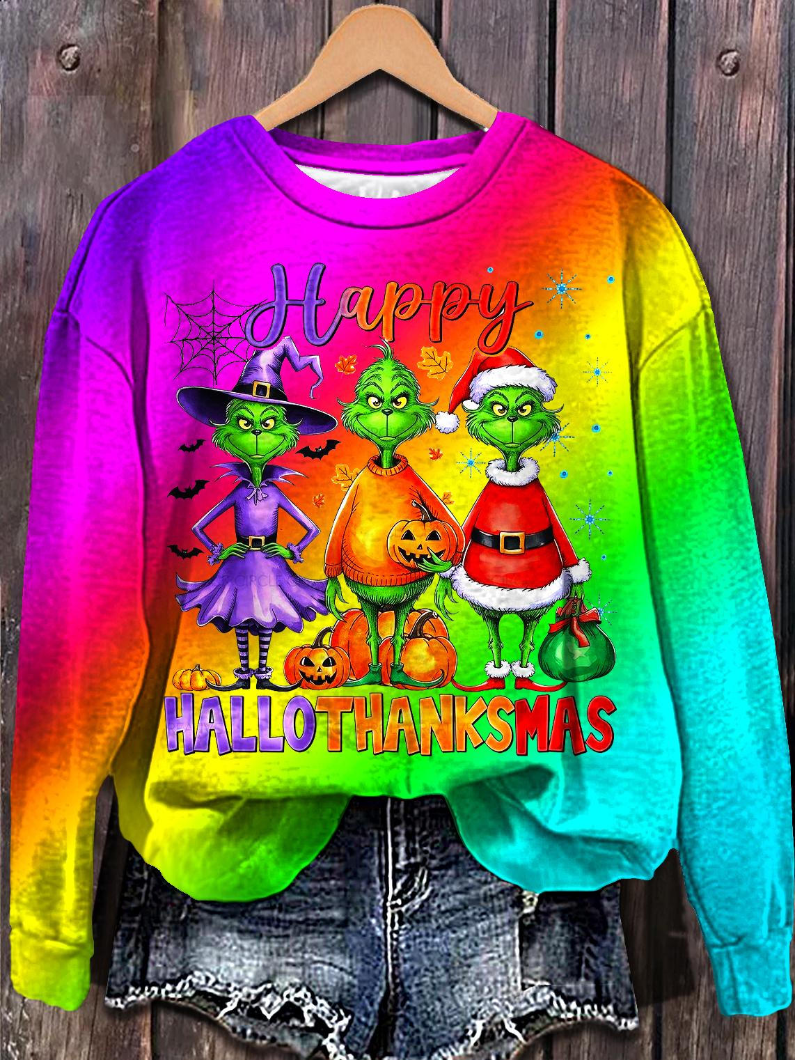 Christmas And Halloween Grinch Printed Long Sleeve Casual Top – Wonder ...