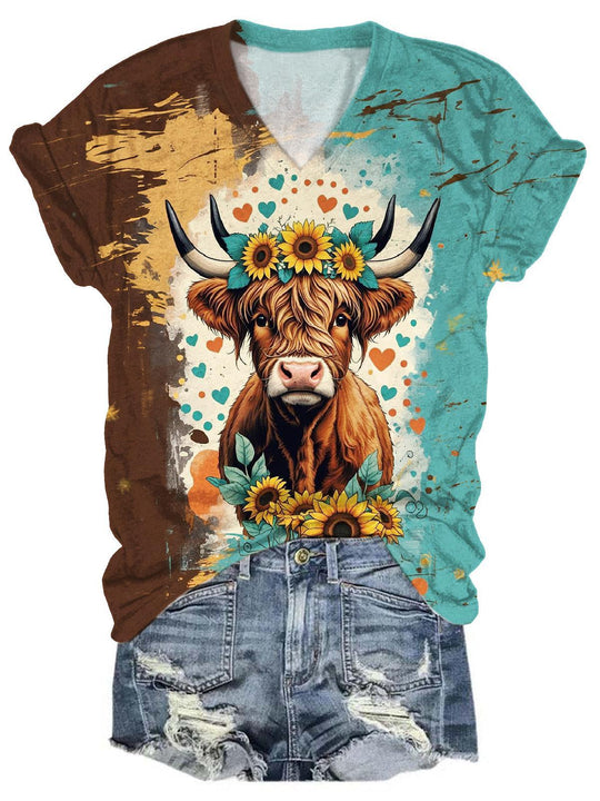 Graffiti Sunflower Highland Cow V-neck T-Shirt – Wonder closets