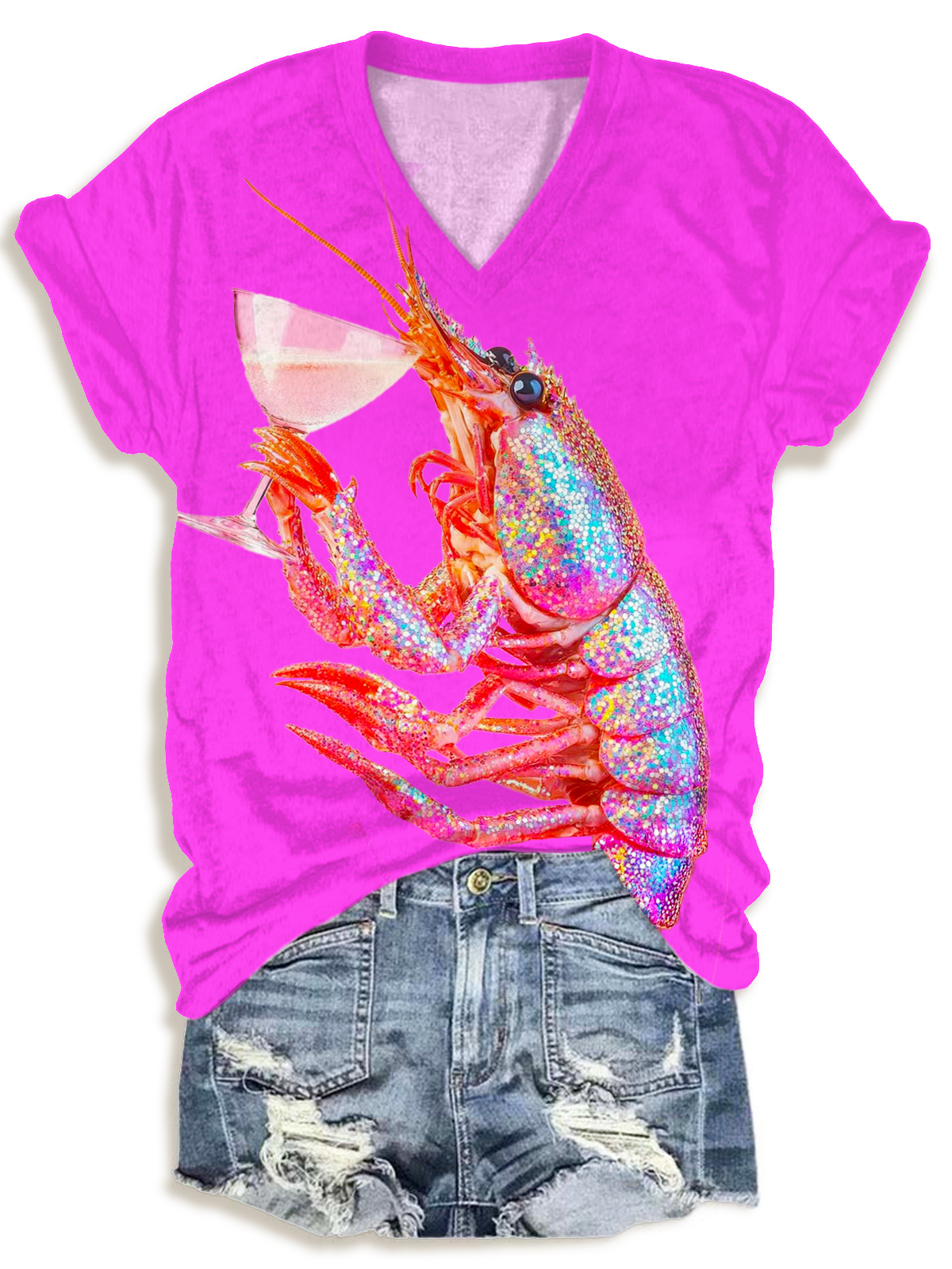 Disco Glitter Shrimp Holding Glass Art V-neck T-Shirt – Wonder closets