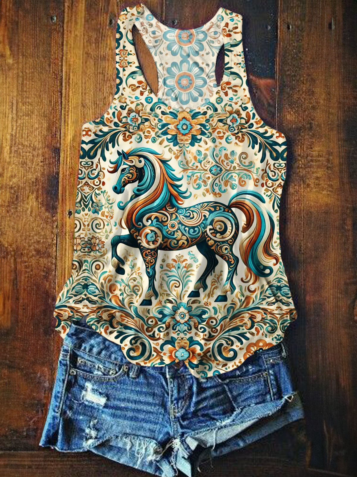 Vintage Western Classic Floral Horse Art Printed Casual Tank Top ...