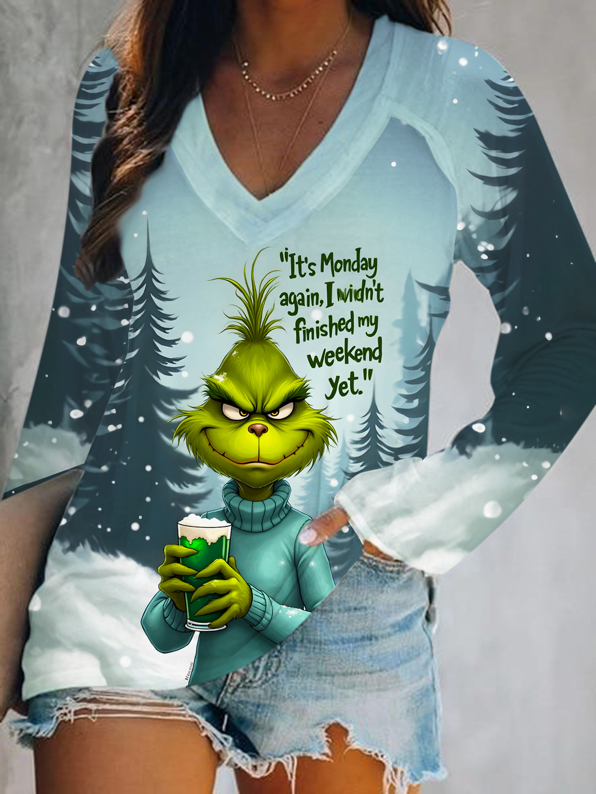 Grinch Christmas Print V-Neck Long Sleeve Top – Wonder closets