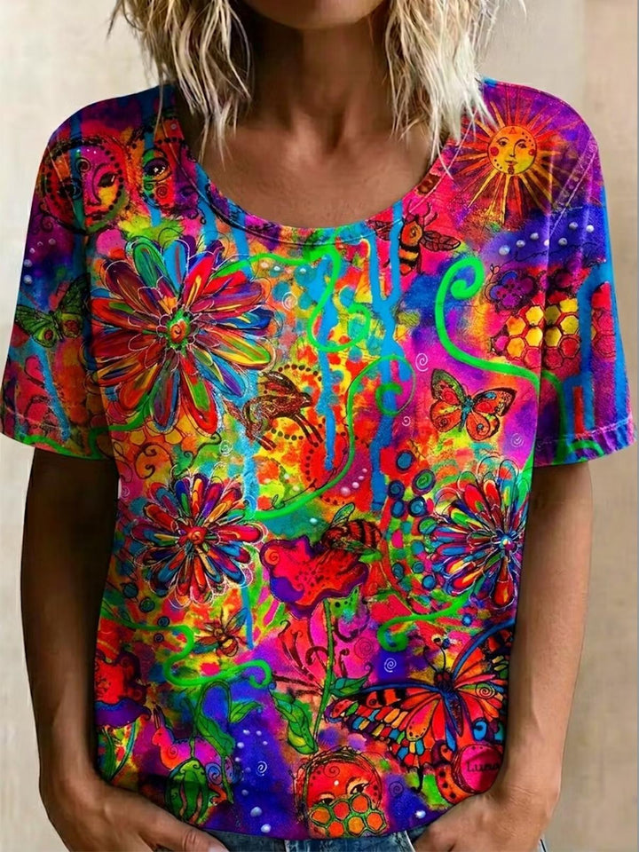 Multicolor Flower Butterfly Print Women's Short Sleeve Crew Neck T ...