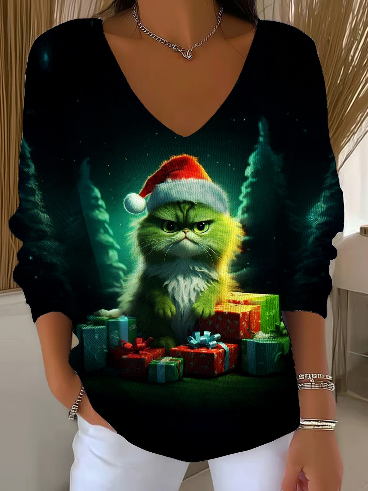 Christmas Grinch Casual V Neck Pullover Sweater – Wonder closets