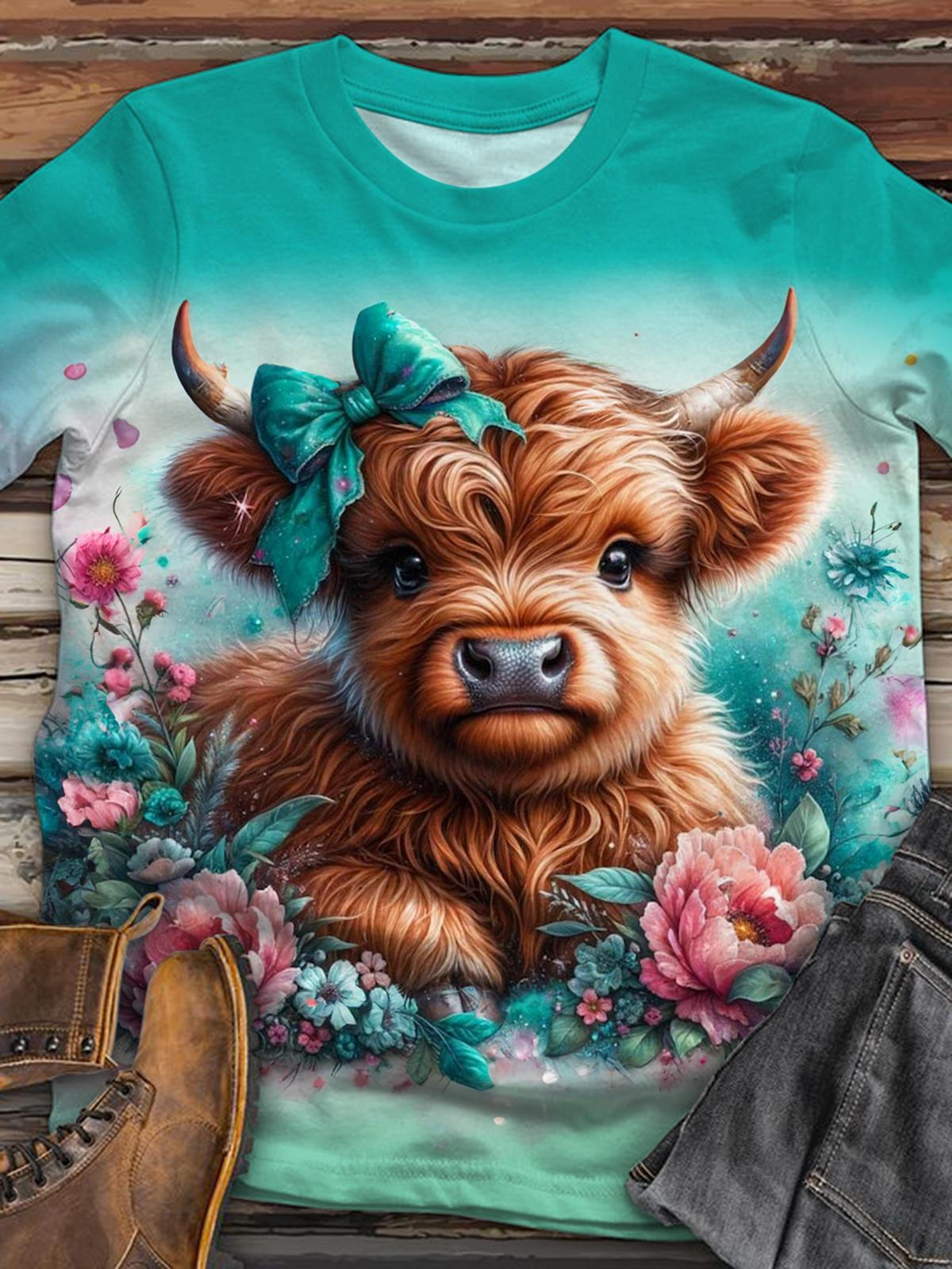 Mint Mambo Highland Cow Crew Neck T-shirt – Wonder closets