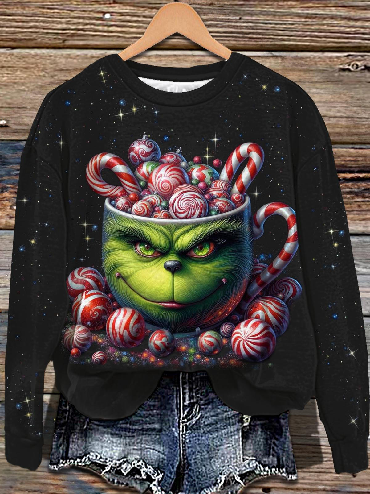 Grinch Candy Cup Printed Long Sleeve Casual Top – Wonder closets