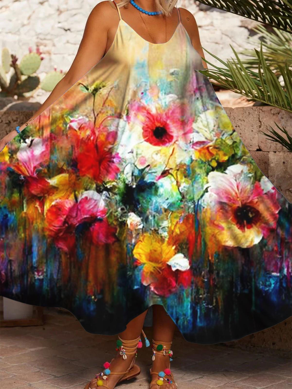 Women's Oil Painting Floral Print Casual Spaghetti Strap Dress – Wonder ...