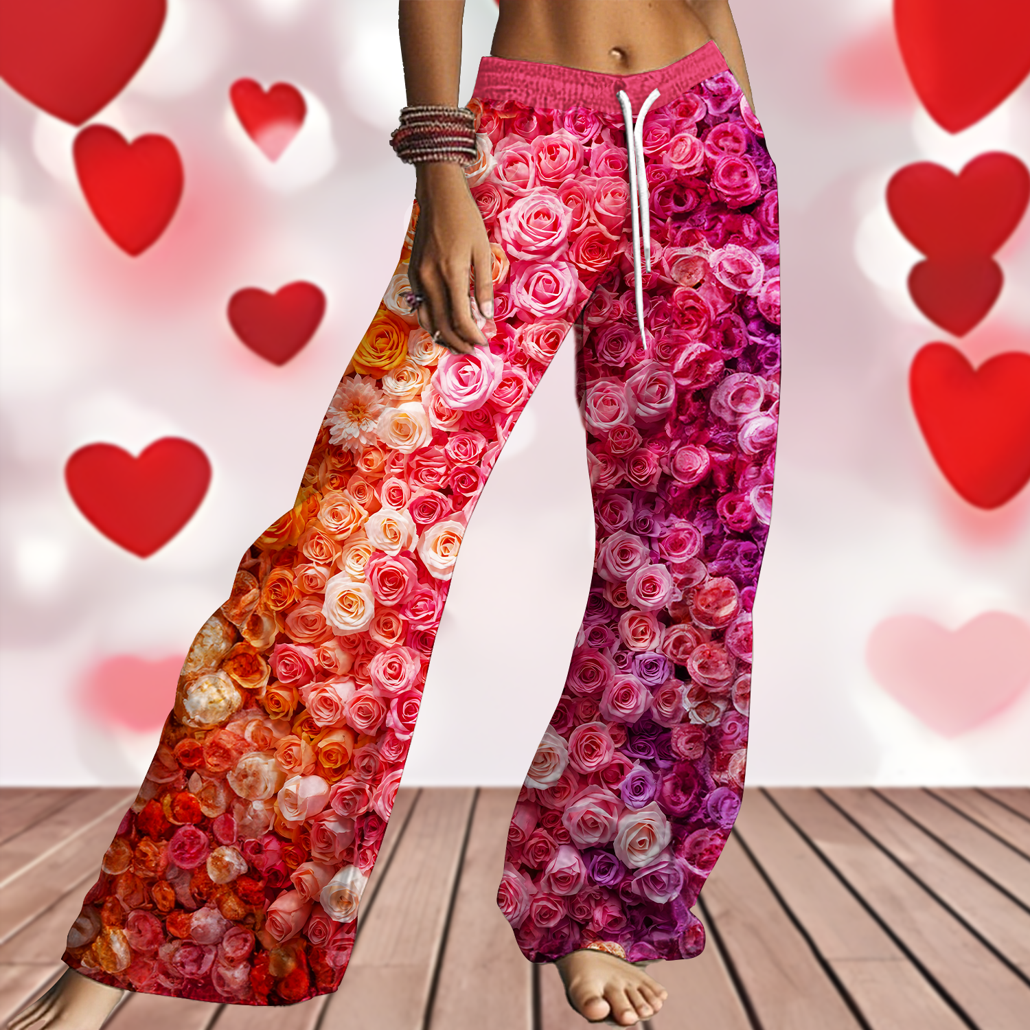 Colorful Gradient Roses for Valentine's Day Women's Drawstring Wide-Leg ...