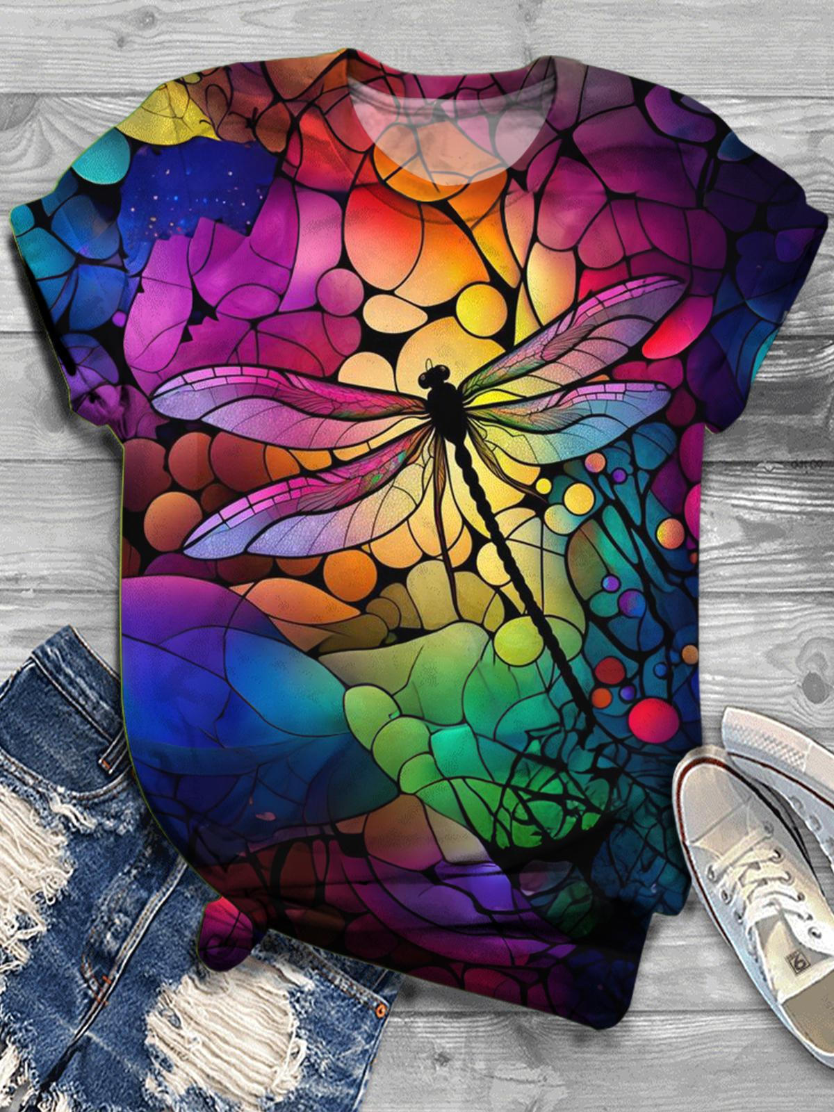 Women's Color Dragonfly Printed Round Neck Top – Wonder closets