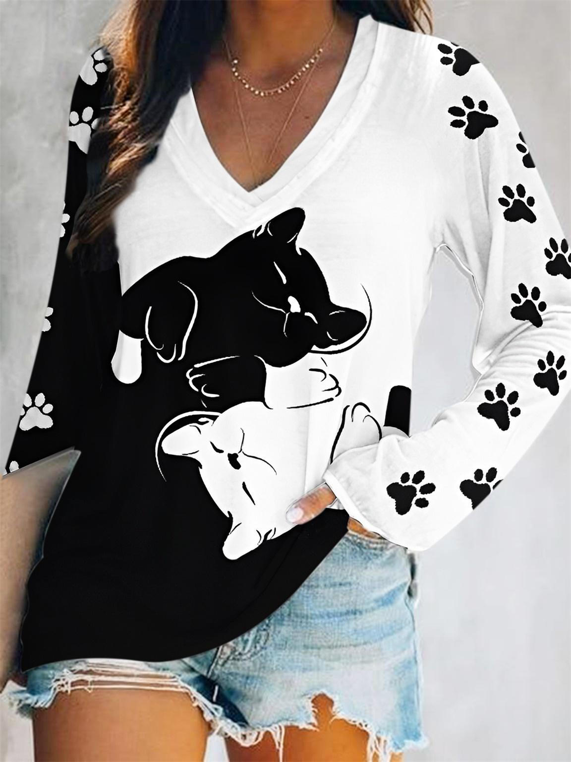 Cat Color Block Print V-Neck Long Sleeve Top – Wonder closets