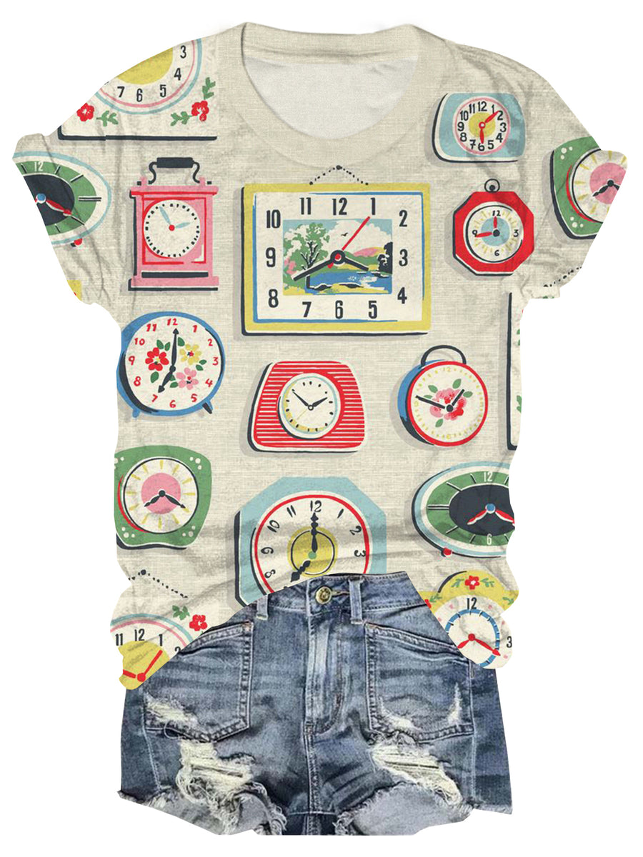 Vintage Clocks Print Crew Neck T-shirt – Wonder closets