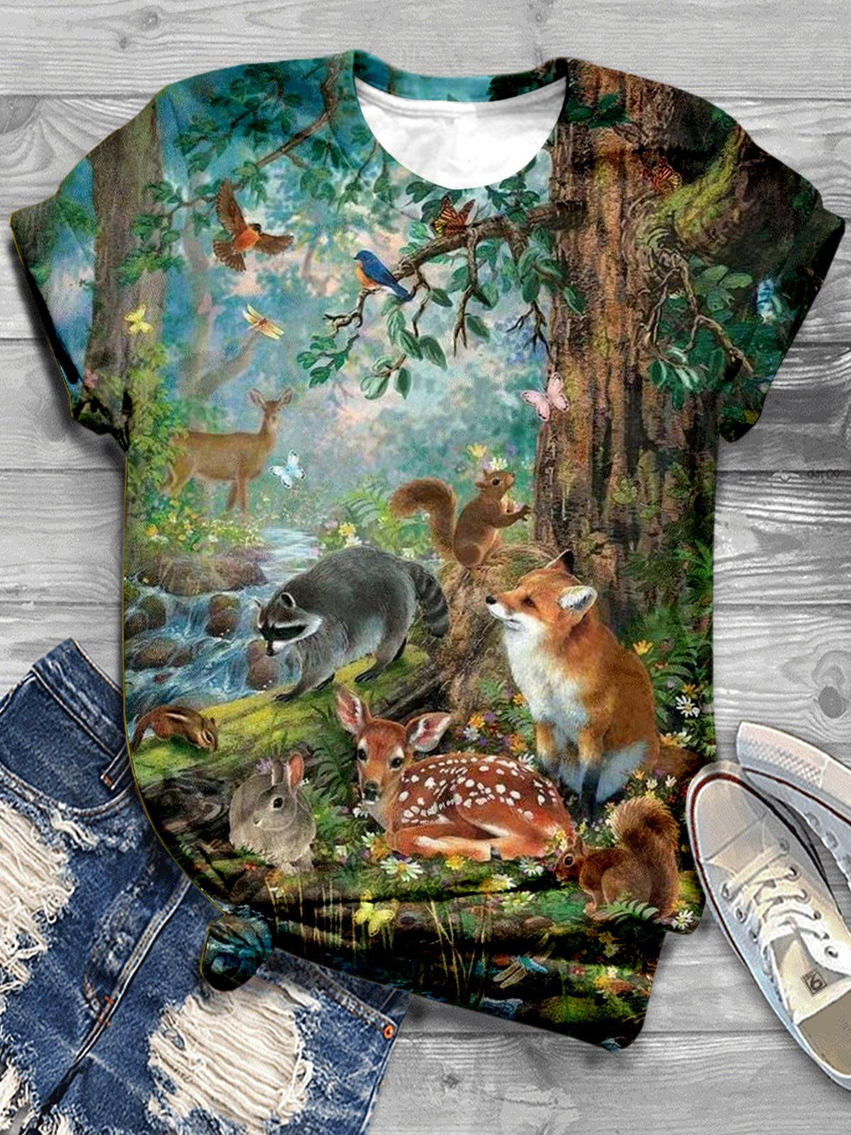 Forest Animals Print Casual T-shirt – Wonder closets